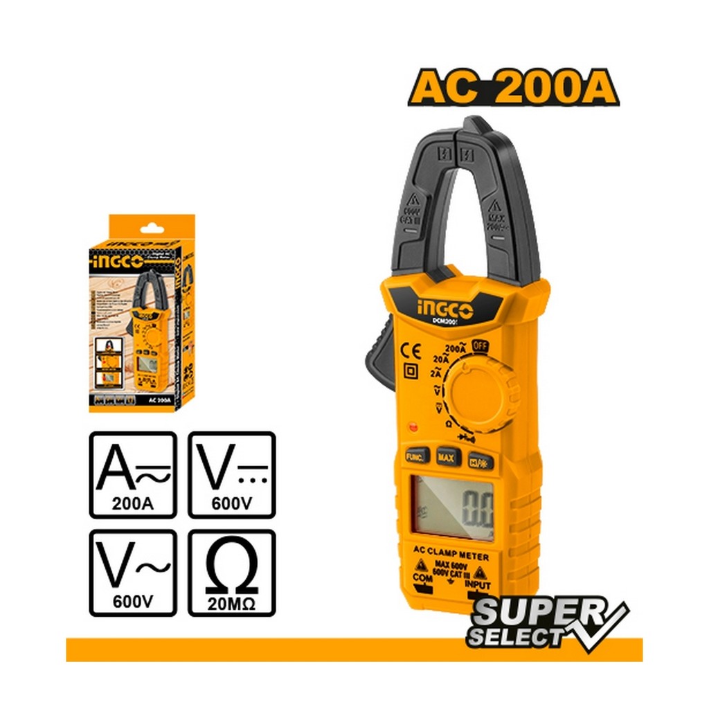 INGCO Digital Clamp Meter AC 200A Model DCM2001 LCD Screen Display 2000 ...