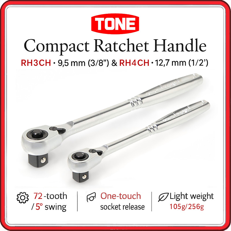 TONE Compact Ratchet Handle RH3CH 3/8" & RH4CH 1/2" | 72-Tooth 5° Swing ...