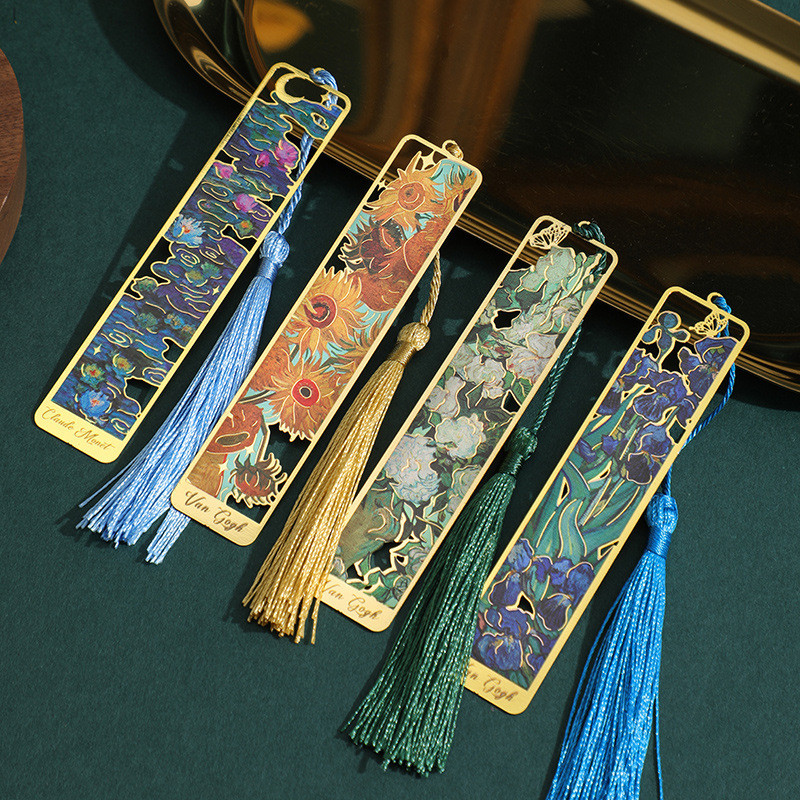 Flower Shadow Series Metal Bookmarks with Tassel Golden Van Gogh Oil ...