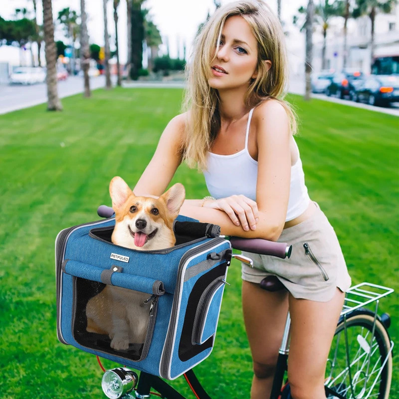 PETFULED Dog or Cat Bike Basket, Blue Expandable Soft Sided Pet Carrier ...