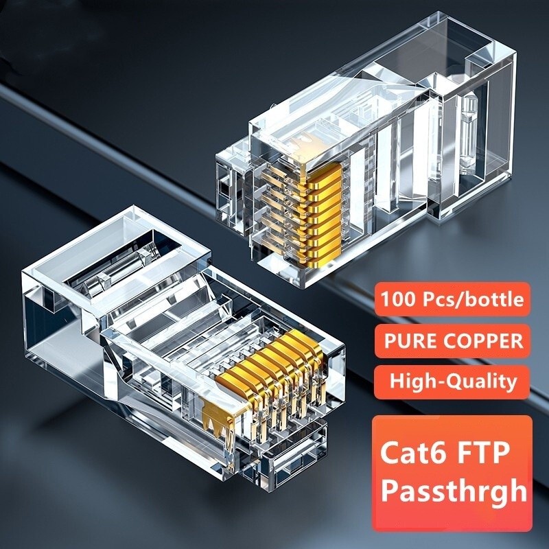 100pcs CAT6 RJ45 Gold-Plated Connector 8P8C Pins Ethernet Cable Header ...