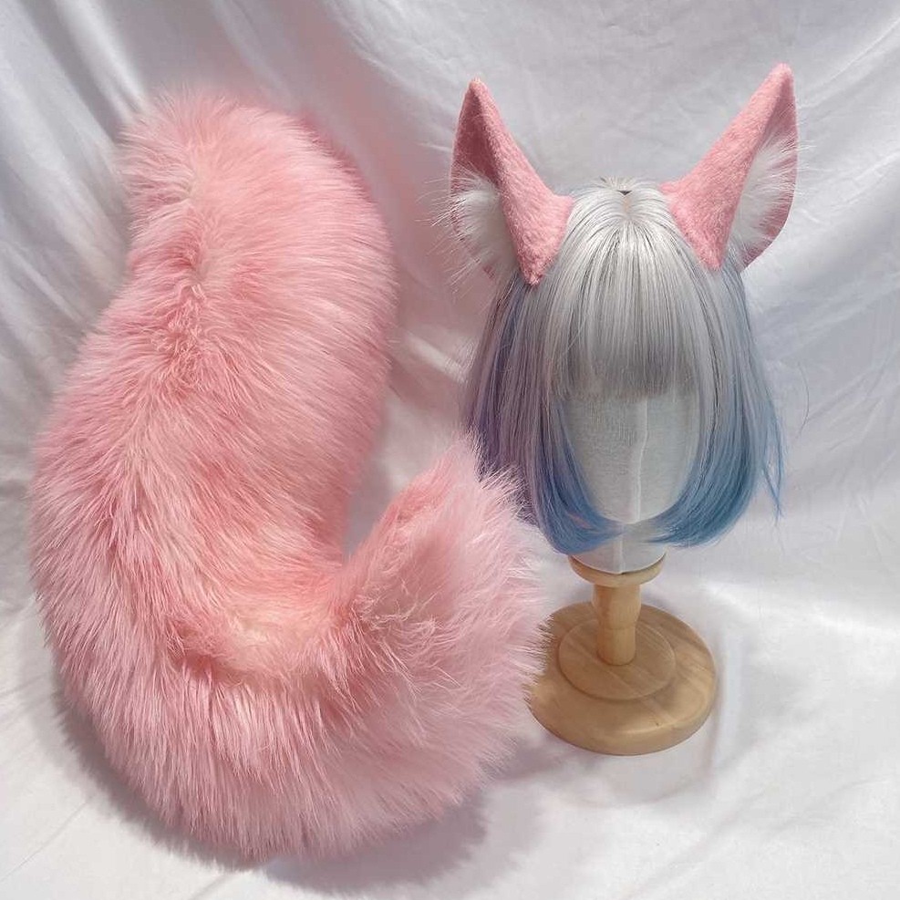 Pink Fox Ears Headband with Fluffy Tail-Adjustable Animal Cosplay ...