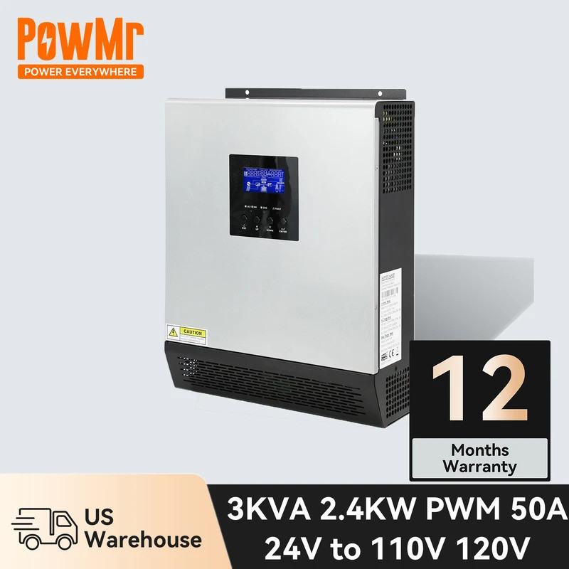PowMr Hybrid Solar Inverter 24V 110V Pure Sine Wave Inverter 2400W 3KVA ...