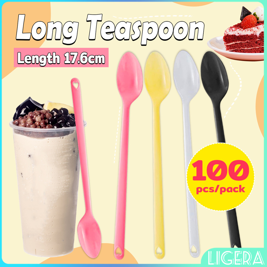 100pcs Disposable Plastic Spoon Colored Long Teaspoon for Dessert Milk ...