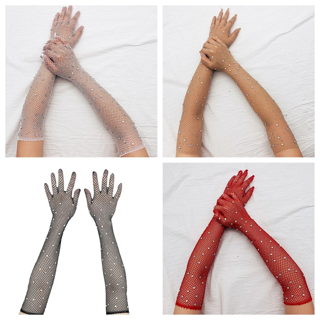 MYR Black White Red Long Mesh Gloves With Rhinestones Hollow Fishing ...