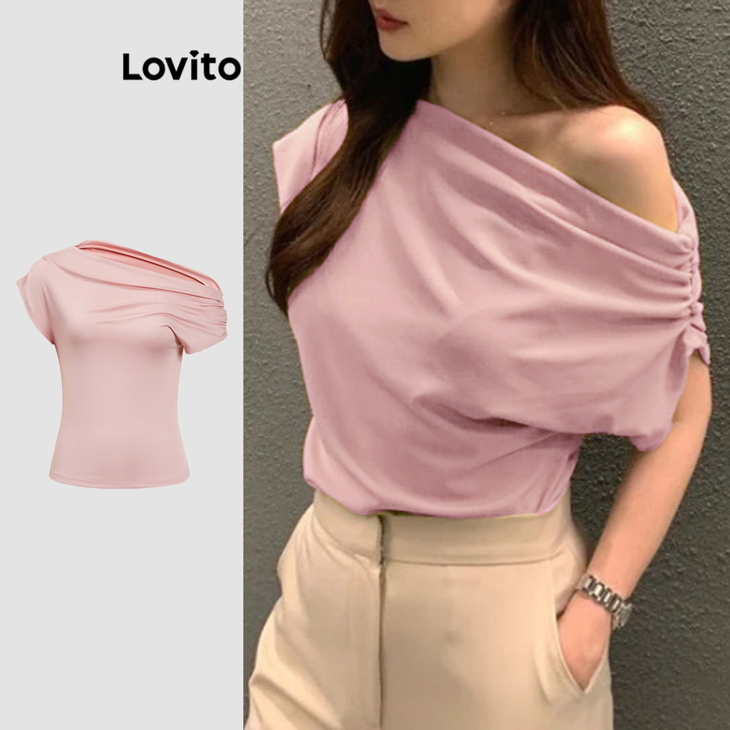 Lovito Women Casual Plain Pleated T-Shirt L108ED1124 | Shopee Philippines