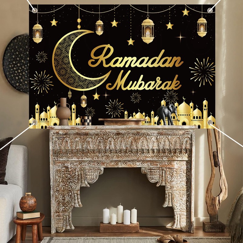 150*100Cm Black Gold Eid Mubarak Backdrop Banner Muslim Castle Moon ...