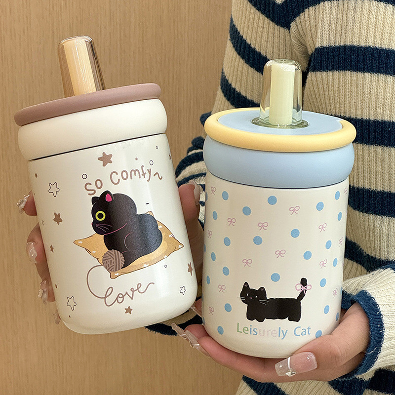 【LUCKY】Cute Thermos Cup 316 Stainless Steel with Straw Sealed Leak ...