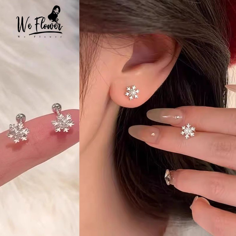 We Flower Delicate s925 Silver Snowflake Screw Earrings for Women Men Fashion Pierced Ear Stud ...