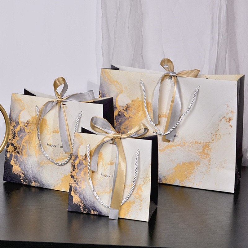 Premium Marble Paper Bag Light Gold Free Luxury Ribbon Carry Paper Bag ...