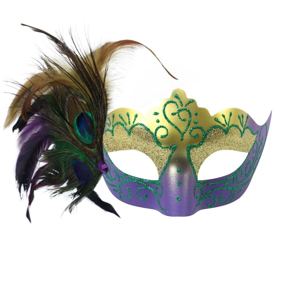 1Pcs Deluxe Mardi Gras Masquerade Mask With Feathers Plastic Carnival ...
