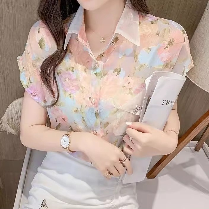 w328 Western-style floral chiffon shirt female design niche super fairy ...