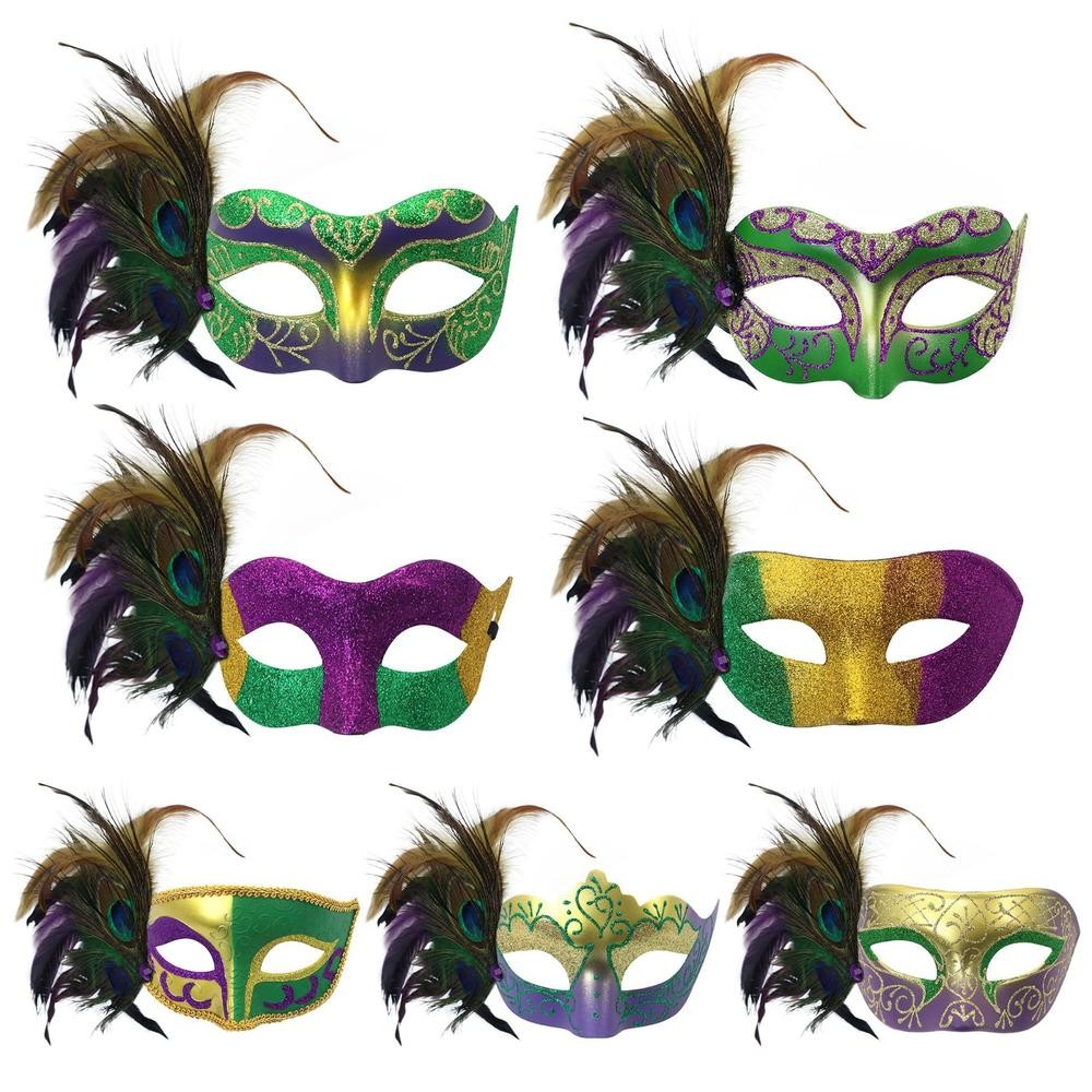 1Pcs Deluxe Mardi Gras Masquerade Mask With Feathers Plastic Carnival ...