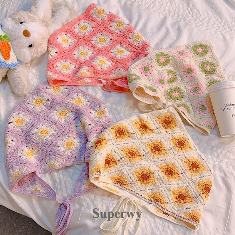 WY Women's Knitted Hollow Headband Flower Crochet Triangle Bandana ...