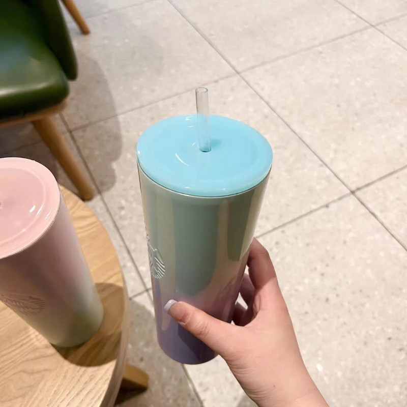 Starbucks Cup Embossed Gradient Pink Green Straw Stainless Steel 304 Insulation Cold Cup ...