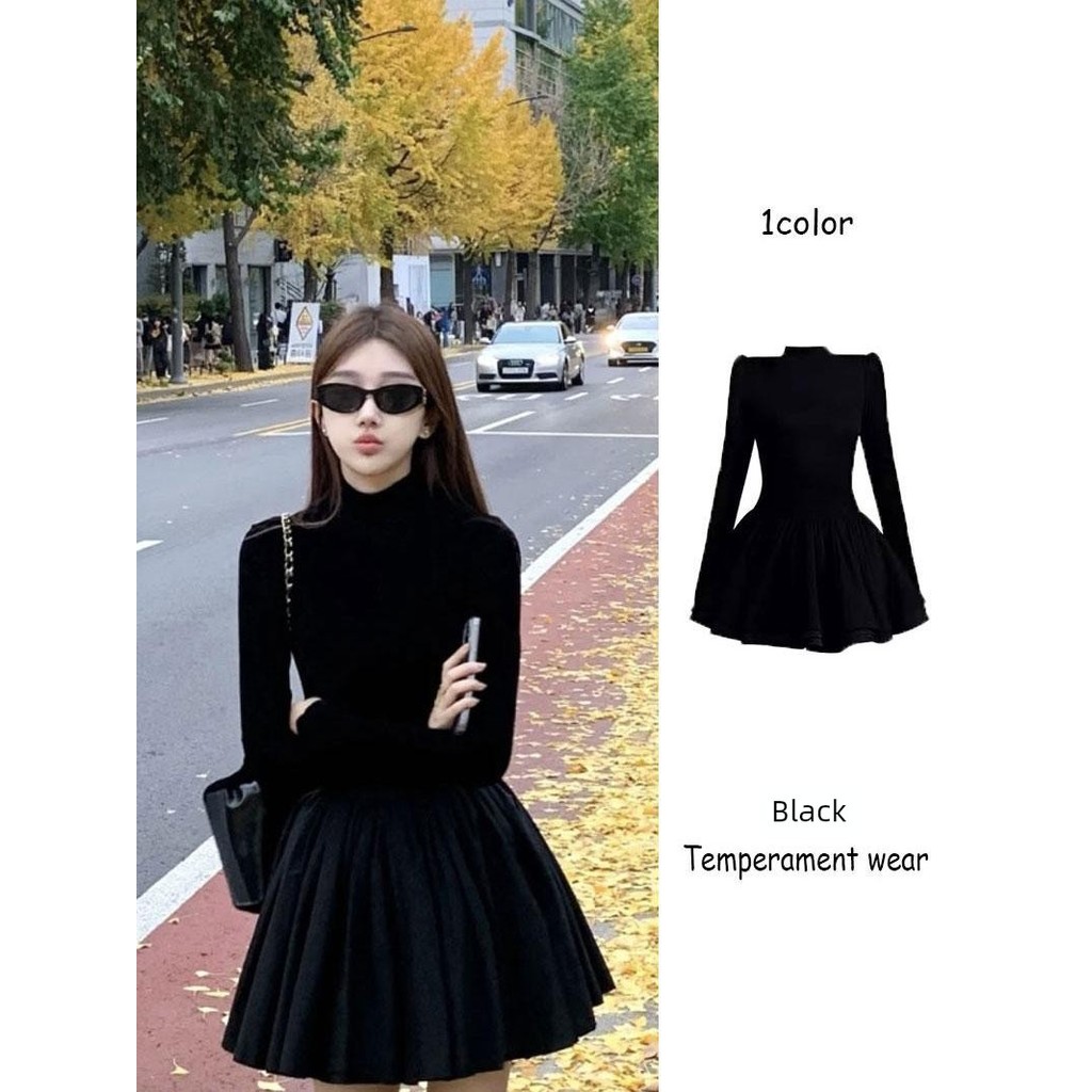Hepburn Wind Black A- line Bubble Dress Female 2025 Autumn and Winter ...