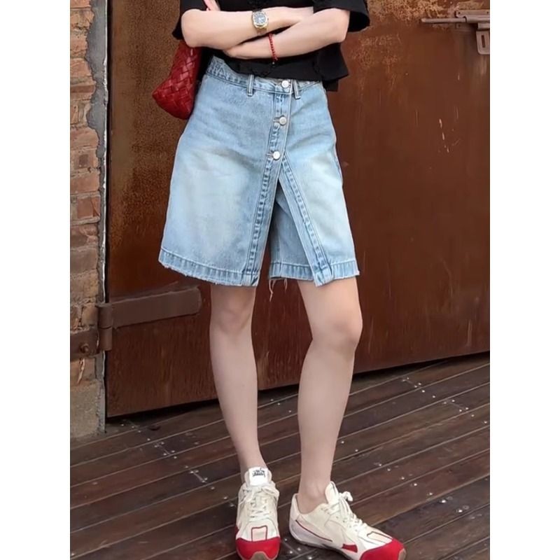 Layered Fake Two-Piece Button Denim Shorts Women 2025 Summer Fashion ...
