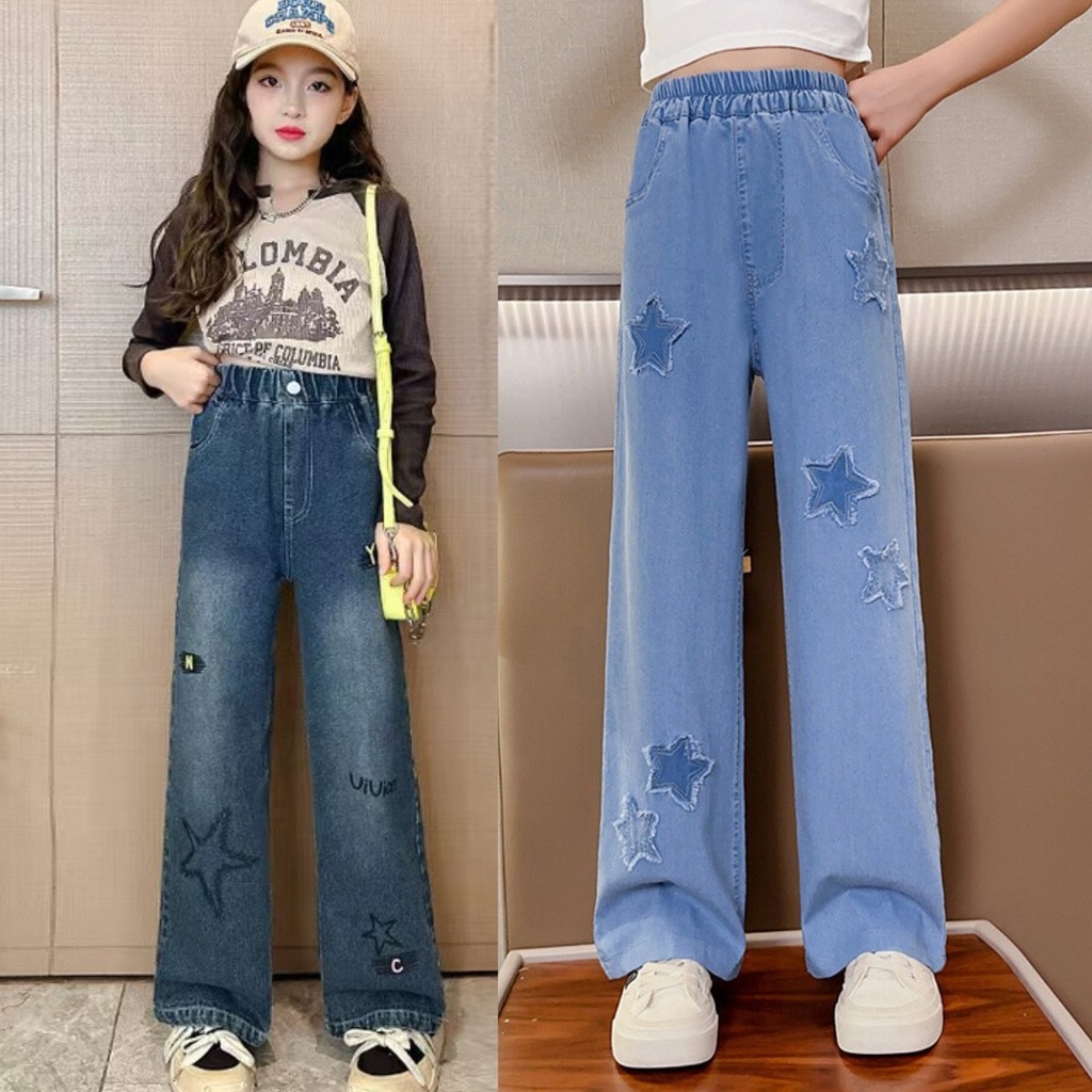 Outfit for Kids Girls Maong Pants New Plain & Star Design Wide Leg ...