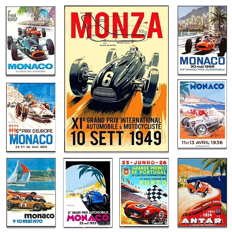 Vintage Car Racing Monaco Poster and Prints Wall Art Pictures Classic ...