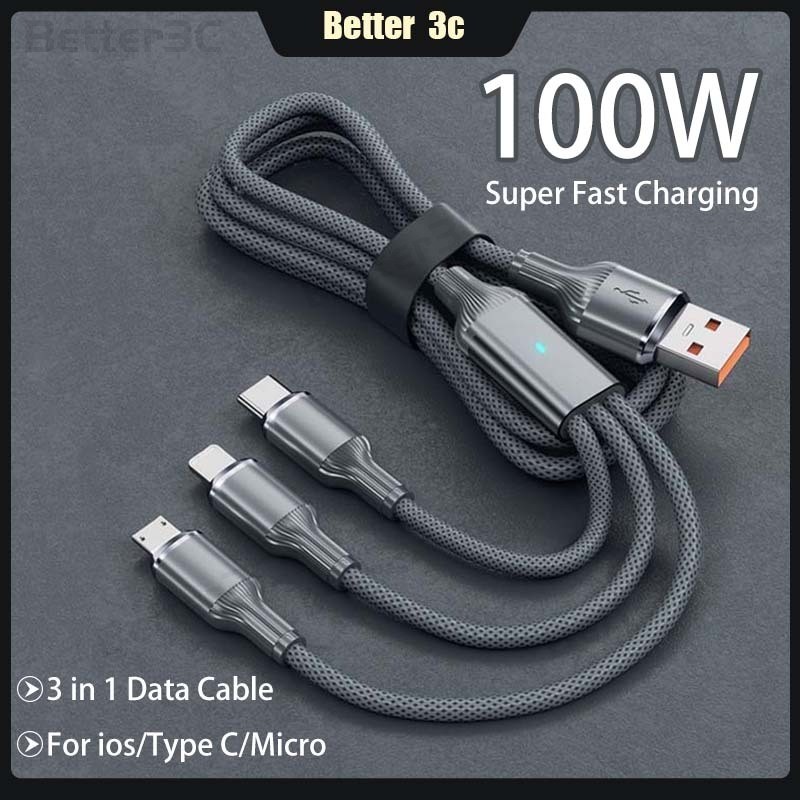 100W Super Fast Charging USB to Type C Cable 3 in 1 multi-function Car Charger Cable With ...