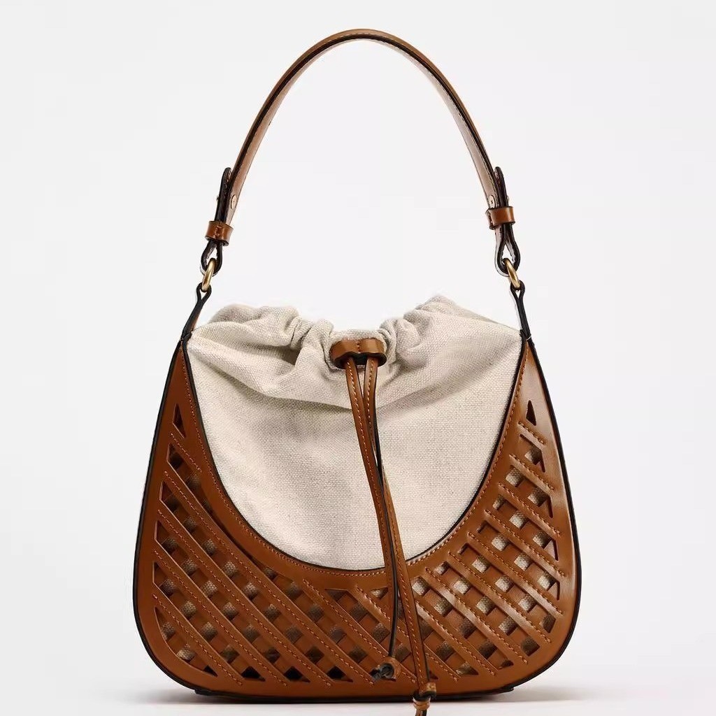 Dark brown and yellow shoulder portable bucket bag retro woven handbag ...