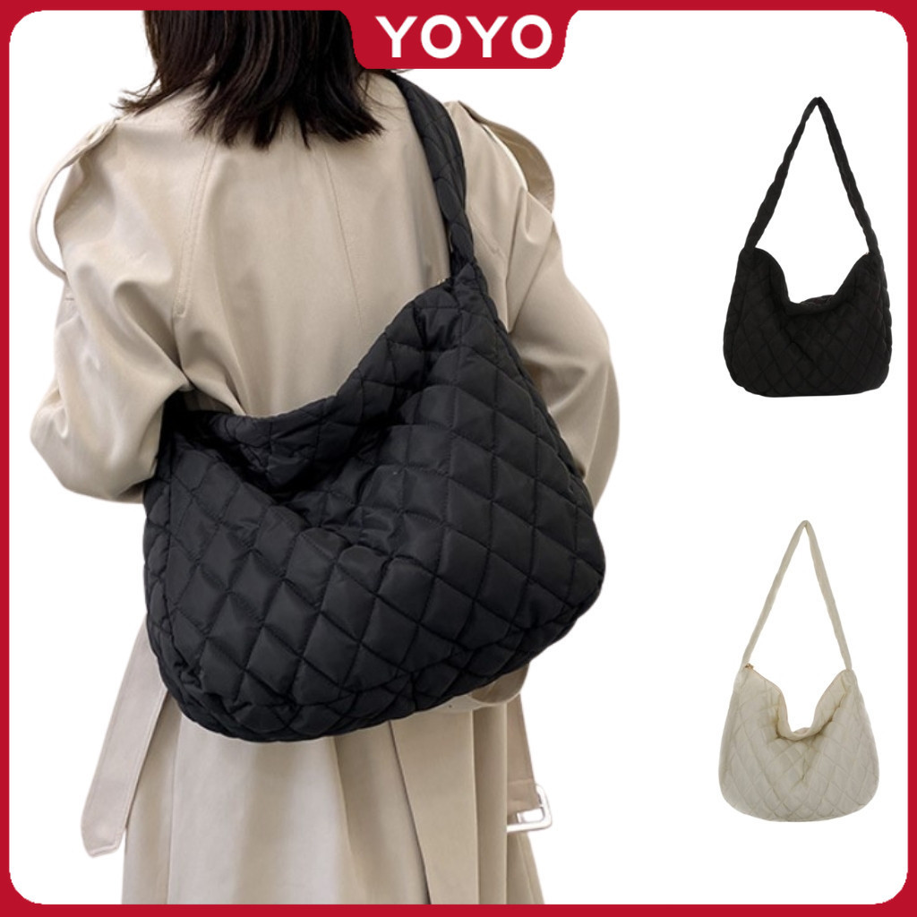 YOYO Quilted Solid Color Messenger Bags Retro Lattice Cloud Shoulder Female Simple Tote Bag # ...