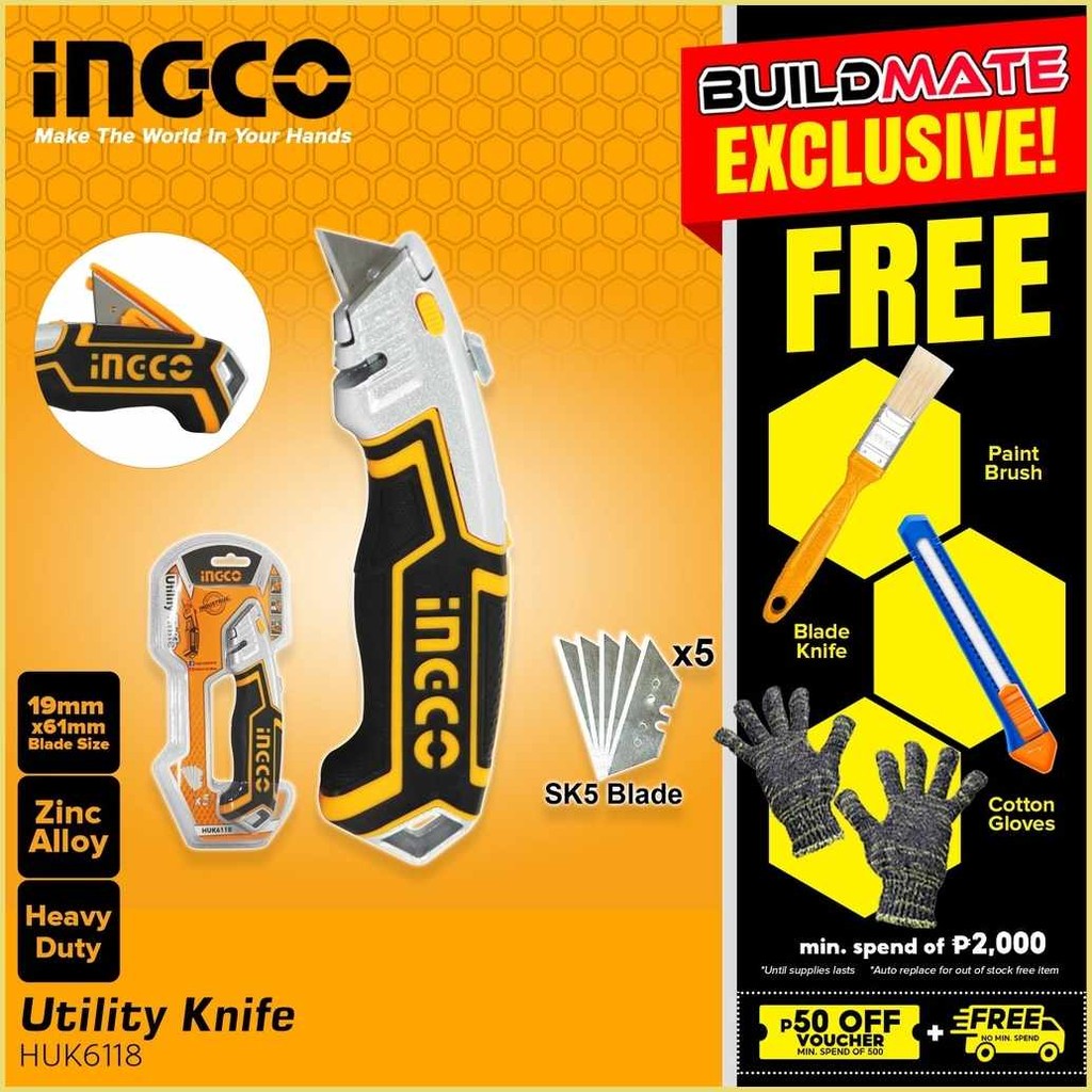 BUILDMATE]g'Ingco!X^Utility}gs>ZINC)bo>Alloy)oo>Knife)IV>Cutter)Rc>with)Hb>5pcs SK5 Blade ...