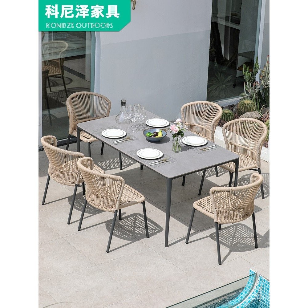 Rattan Outdoor Table and Chairs Set, Patio Rock Slab Dining Table with ...