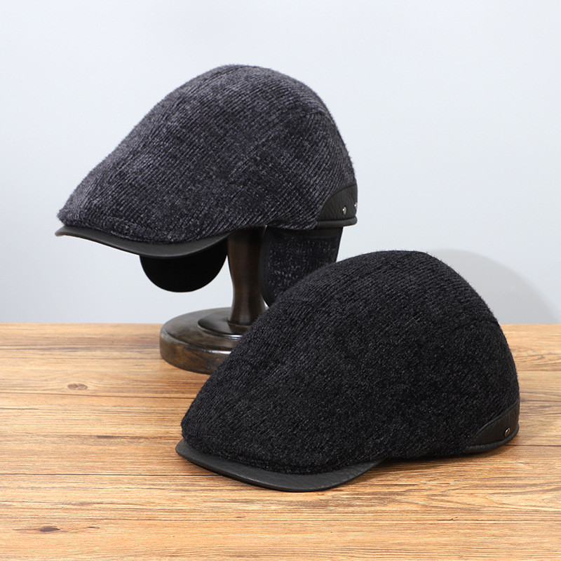 Checked Woolen Forward Beret Men Middle-aged Elderly Fleece-Protecting ...