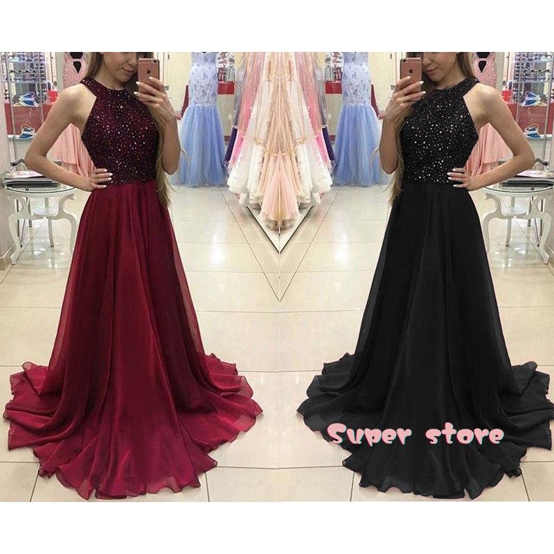 Women Evening Dress Halter Rhinestone Backless Floor-Length Formal ...