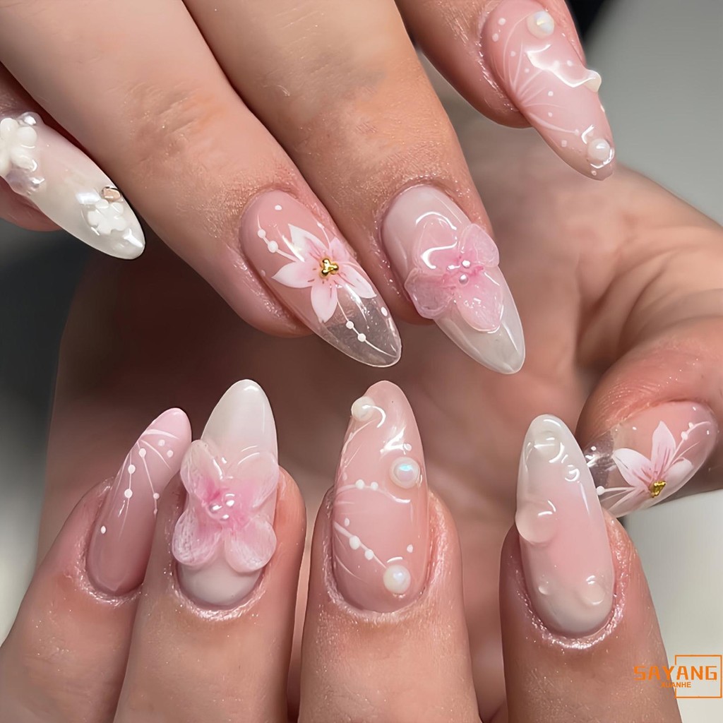 Glossy Full Cover Fake Nails with Pearl Decor Long Lasting Safe ...