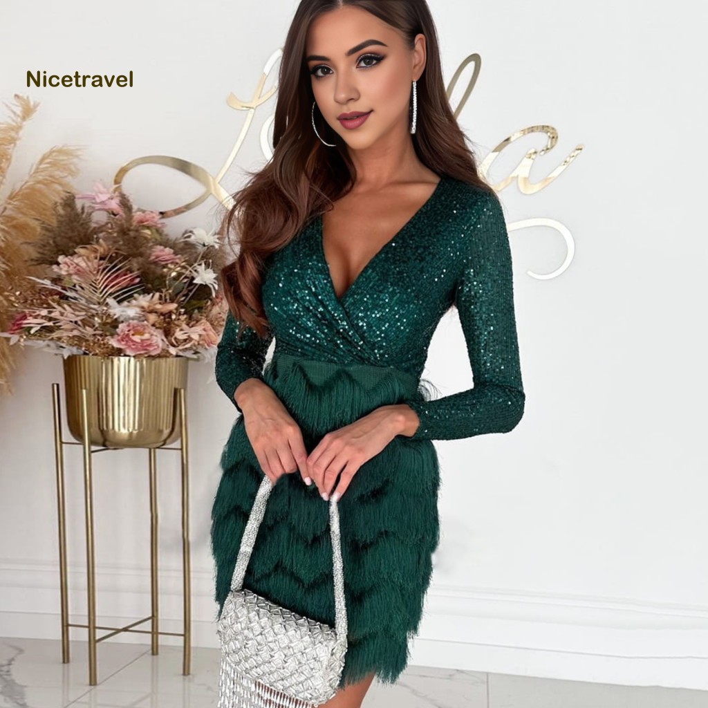 [Ni] Formal Fringe Dress V-neck Sequin Dress Sparkling Sequin Party ...