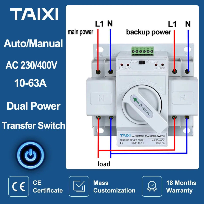 ATS Dual Power Automatic Transfer Switch MCB 2P 4P Auto/Manual Switching of Circuit Breakers MCB ...