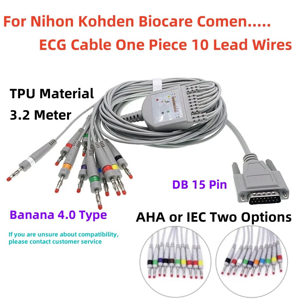 For Nihon Kohden ECG Cable One Piece 10 Lead Wires DB15 Pin Banana 4.0 ...