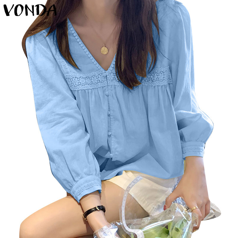 VONDA Women Korean Elegant Temperament V-Neck Solid Color Long Sleeve ...