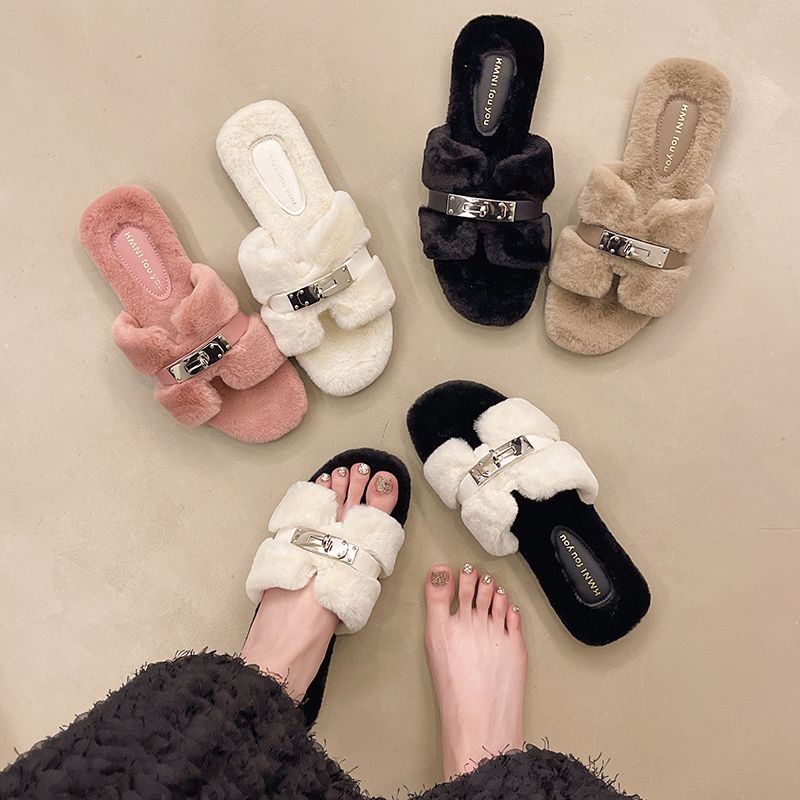 Real Rabbit Fur chic Fur Slippers Autumn Winter 2024 New Style Women's ...