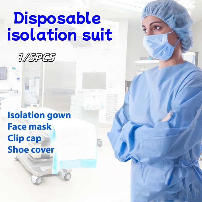 1/5PCS Disposable Isolation Gown Suit Blue Non-Woven Thicken PPE ...