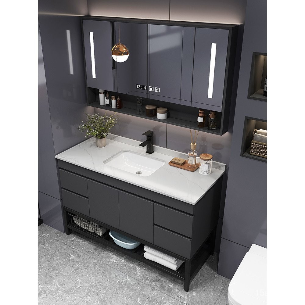 Modern Light Luxury Rock Slab Bathroom Cabinet Set, Solid Wood ...