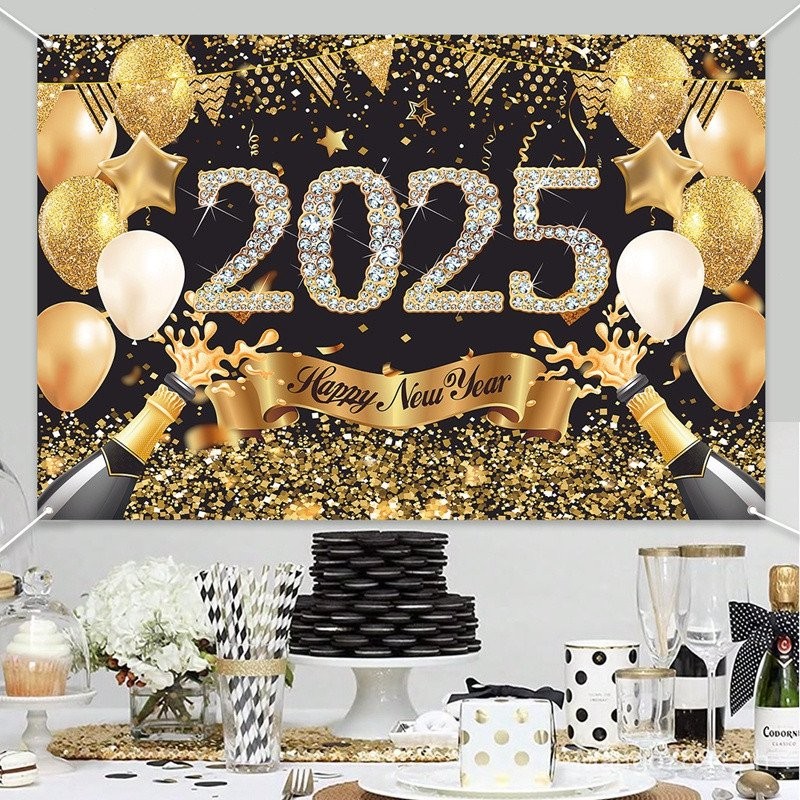1.5x1M Black Gold Happy New Year Banner 2025 Clock Balloon Glittering ...