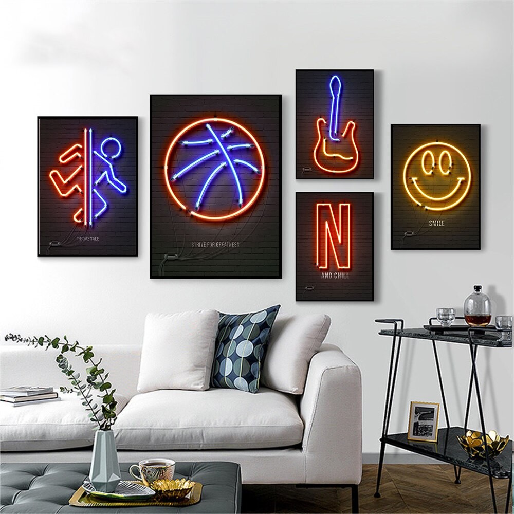 Neon Light Gamer Poster Audio Guitar Neon Art Canvas Painting Print ...