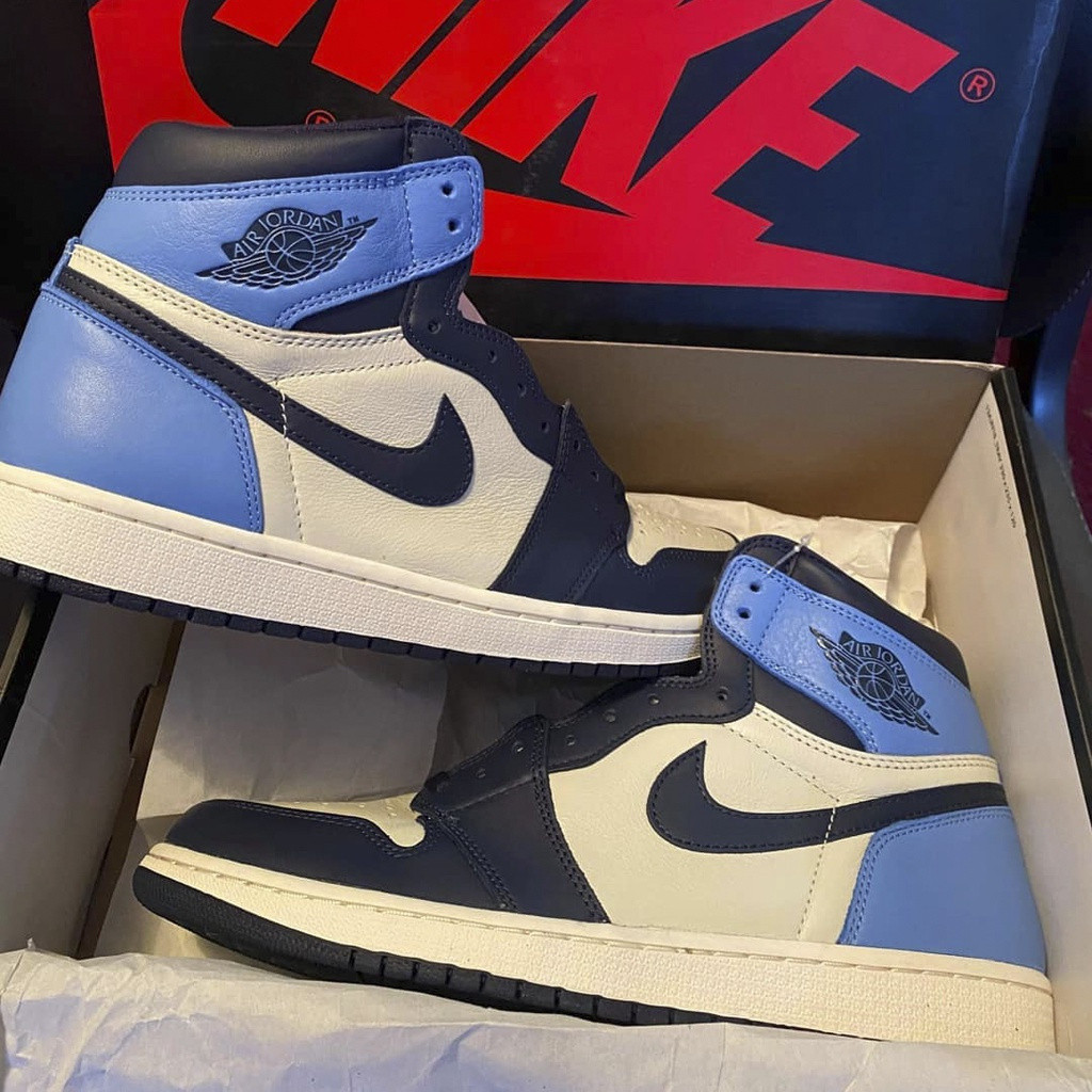 Air Jordan 1 Obsidian Unc Sneakers With High Tube And Blue Heels In ...