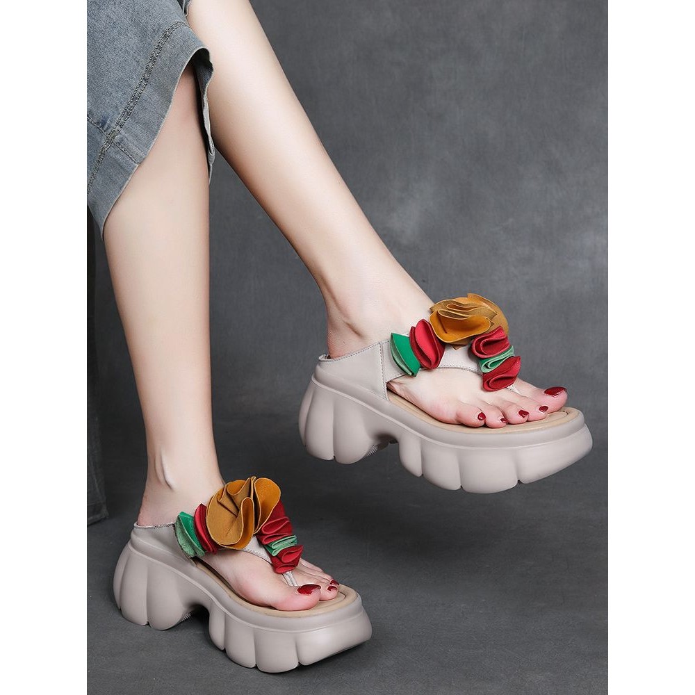 Sweet Flower Sandals Slippers Women Thick-Soled Heightened Small Flip ...