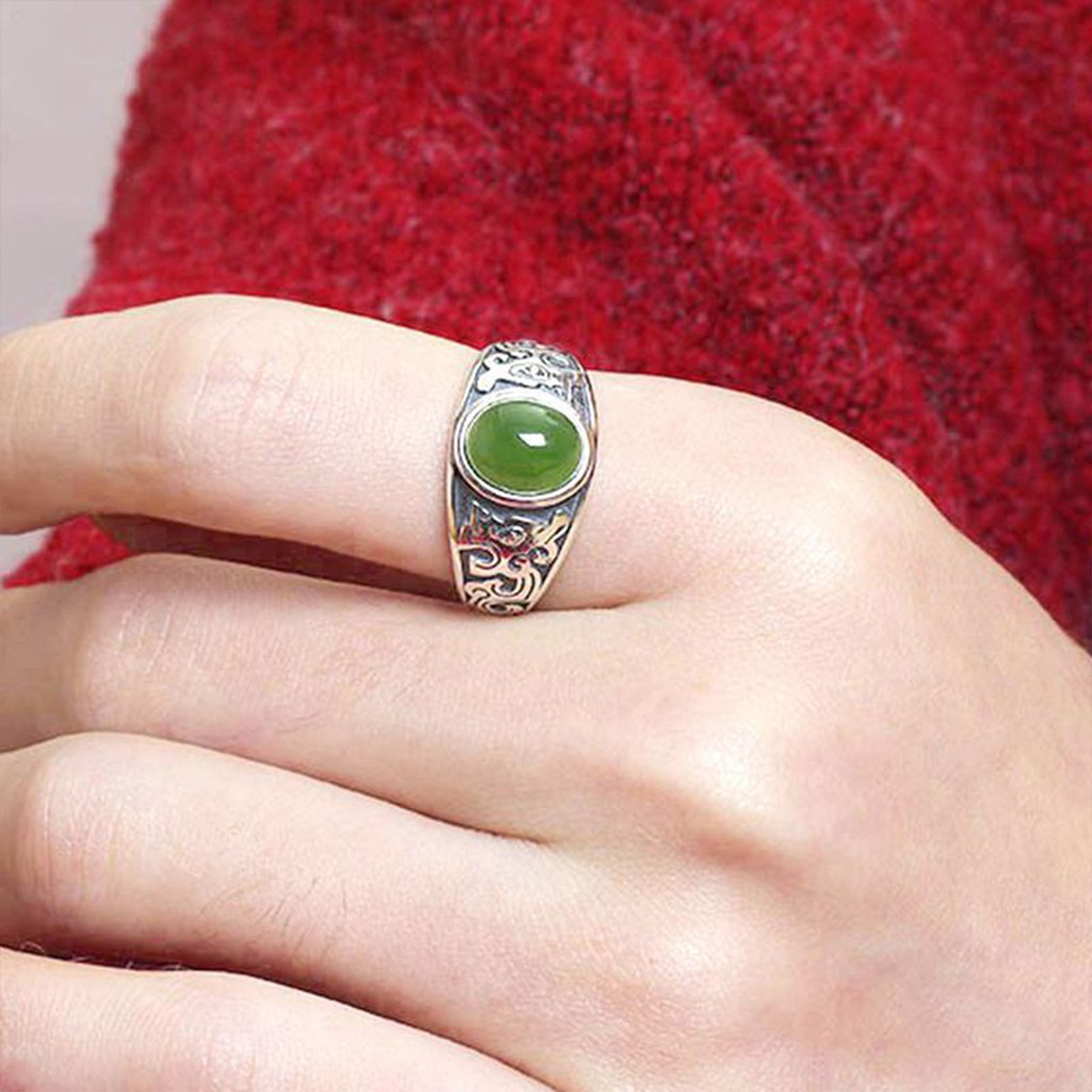 Men Ring Vintage Emerald Silver Ring Imitation Green Hetian Jade Jasper ...
