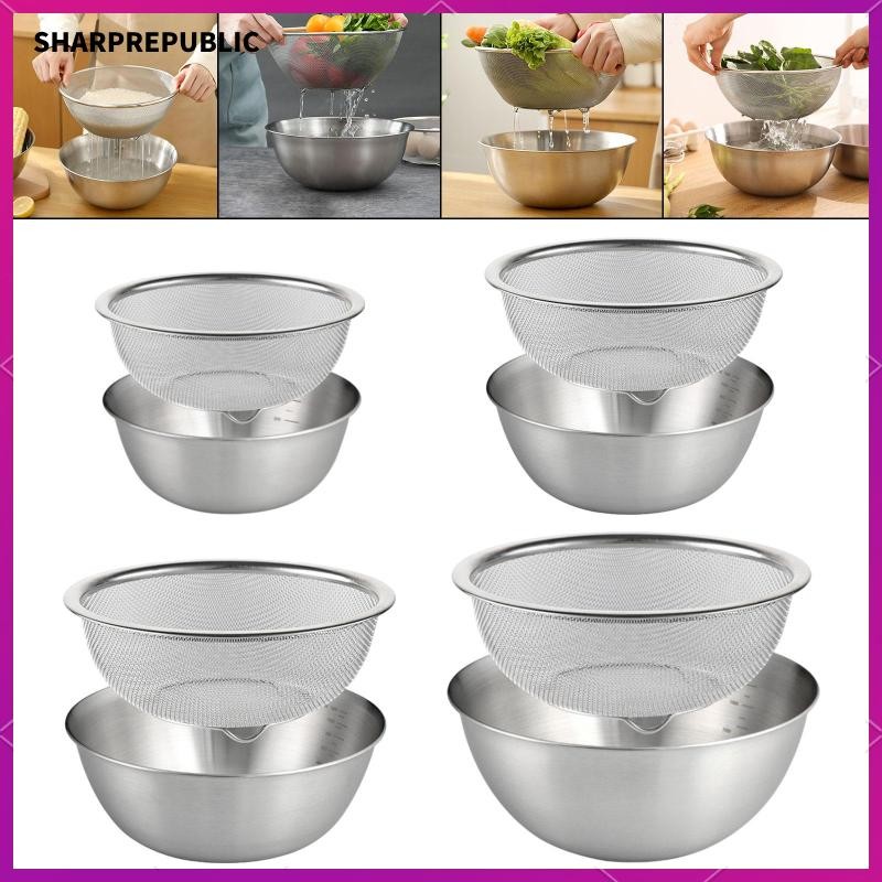 [Sharprepublic] 304 Stainless Steel Food Strainers Set with Mixing Bowl ...