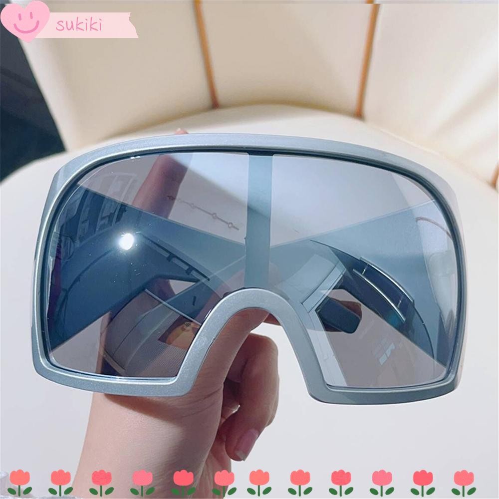 SUKIKI Wrap Around Sunglasses, Rave Curved Lens Oversized Oversized Shades, Vintage Futuristic ...