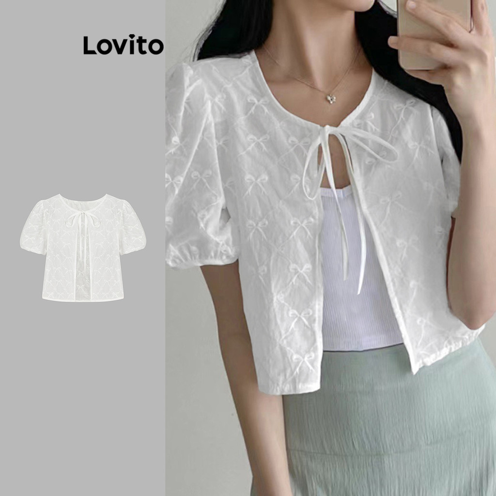 Lovito Women Cute Plain Tie Front Eyelet Embroidery Blouse L114AD058 ...