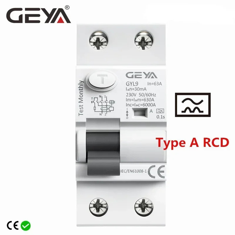 GEYA Type A RCD Electromagnetic Residual Current Circuit Breaker AC ELCB 2 Pole 40A 63A 30mA ...