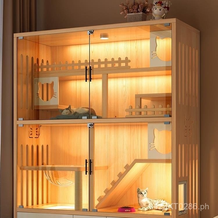 Household Panoramic Cat House Luxury Cat House Extra Large Indoor Solid Wood Cat Villa Cat ...