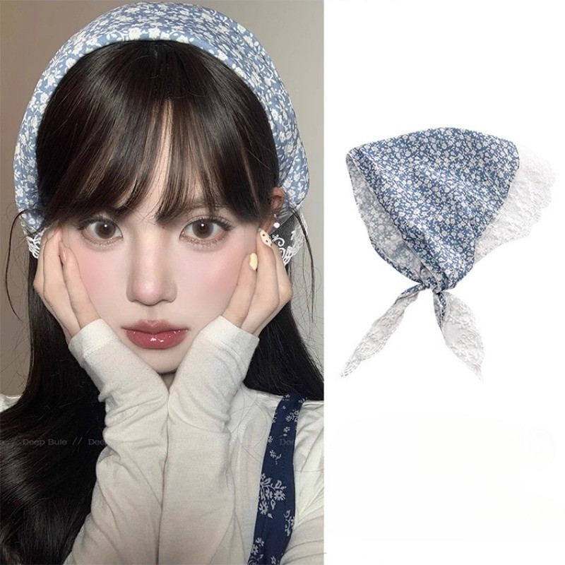 Blue Flower Printed Cotton Triangle Turban Head Kerchief Hair Bandana ...