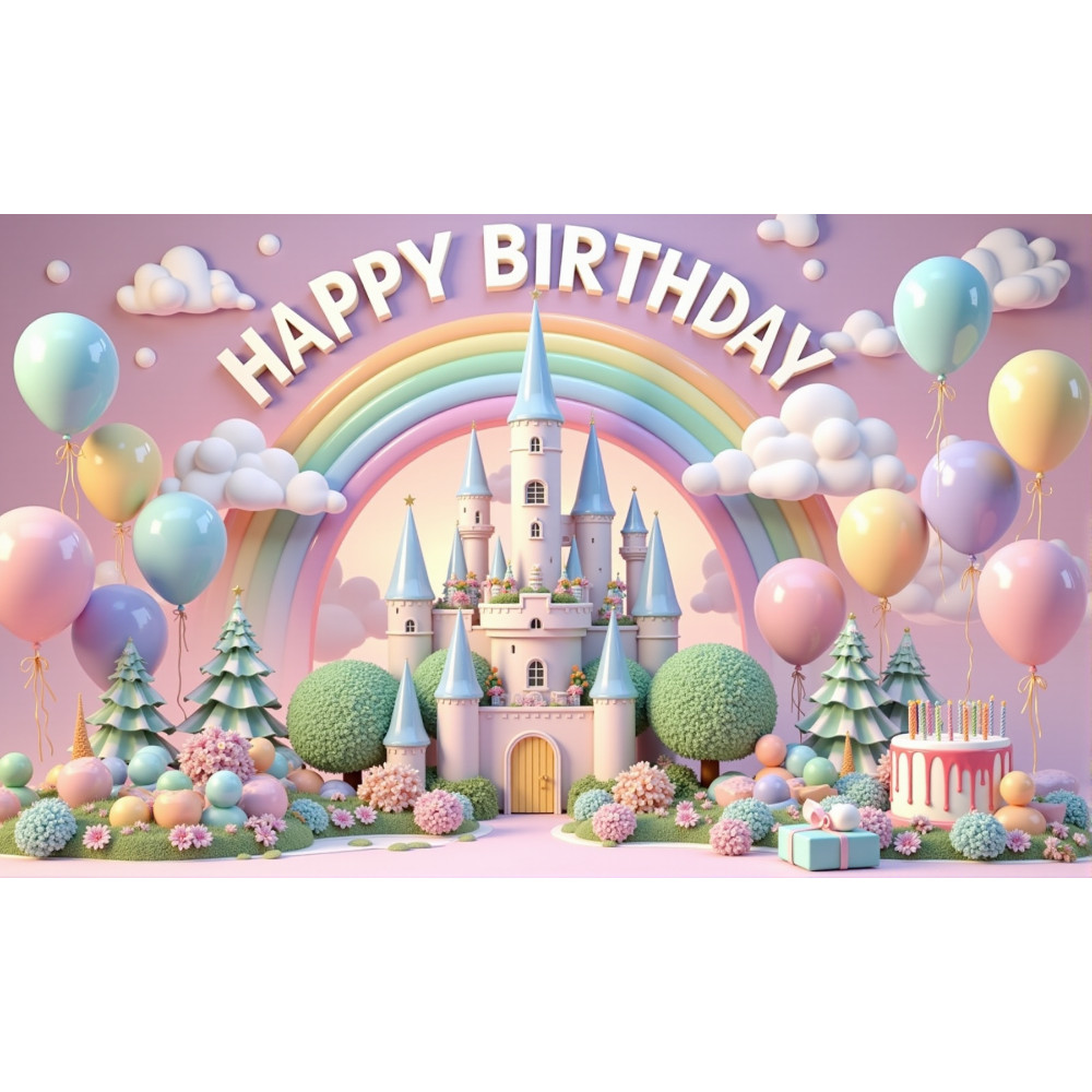 Pink Rainbow Castle Birthday Banner Happy Birthday Party Backdrop ...